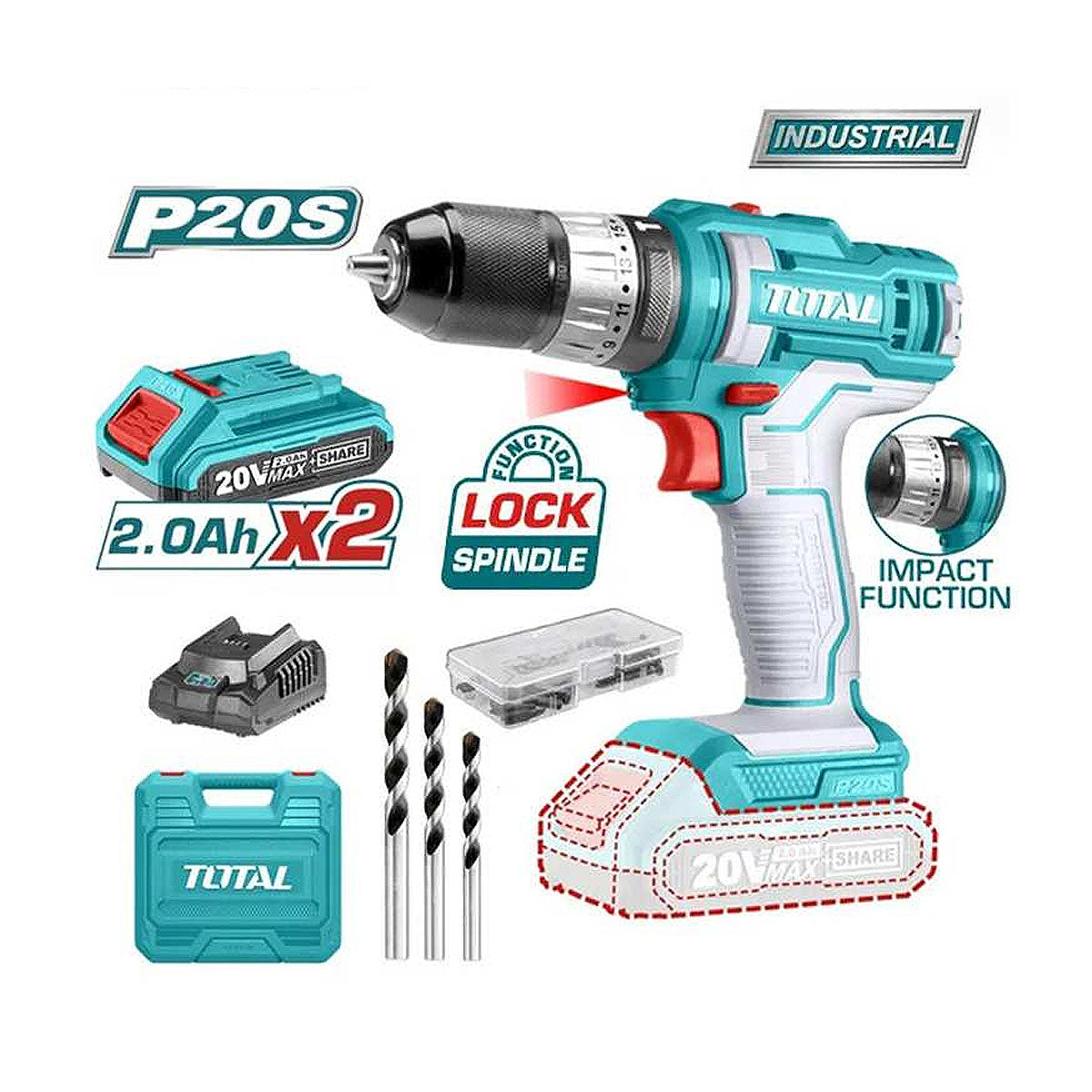 Máy khoan búa dùng TOTAL TIDLI201452 dùng Pin 20V, đầu kẹp 10mm - NPOWER